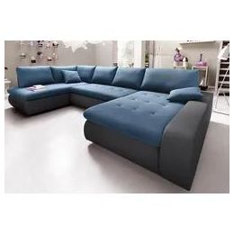 Wohnlandschaft Trendmanufaktur "Indie, toller Sitzkomfort, aufwendige Detailverarbeitung, U-Form" Sofas Gr. B/H/T: 335cm x 86cm x 179cm, Kunstleder SOFTLUX-Struktur fein, Recamiere rechts, XXL-ohne Bettfunktion, schwarz (schwarz/aqua) wahlweise mit Bettfunktion