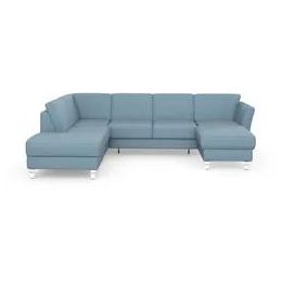 Sit & More Wohnlandschaft SIT & MORE "Visby U-Form" Sofas Gr. B/H/T: 303cm x 87cm x 213cm, Soft clean, Ottomane links, mit Bettfunktion-mit Stauraum, blau (hellblau) Wahlweise mit Bettfunktion und Stauraum, frei im Raum stellbar