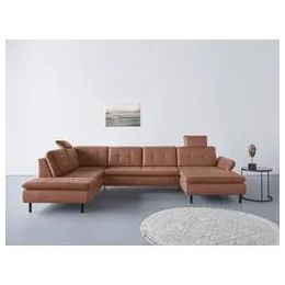 Wohnlandschaft Inosign "Birkholm U-Form" Sofas Gr. B/H/T: 347 cm x 83 cm x 226 cm, Luxus-Microfaser in Lederoptik, Ottomane links, mit Armlehnfunktion, braun (haselnuss) Armlehnverstellung, auch in Easy Clean Bezug - mit Wasser zu reinigen