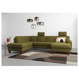 Wohnlandschaft Home Affaire "Vision U-Form" Sofas Gr. B/H/T: 315 cm x 90 cm x 215 cm, Easy care, Ottomane links, mit Bettfunktion-mit Stauraum, grün (olive) wahlweise mit Bettfunktion und Stauraum, auch in Easy Care-Bezug