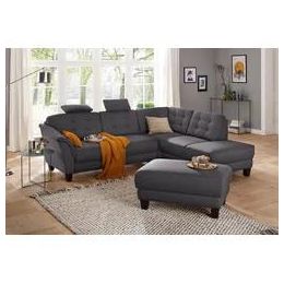 Ecksofa Home Affaire "Trondheim L-Form" Sofas Gr. B/H/T: 260cm x 89cm x 214cm, Flachgewebe, Ottomane rechts, ohne Vorziehfunktion-ohne Stauraum, grau (anthrazit) mit Federkern und Knopfheftung im Rücken, Füße Buche dunkel