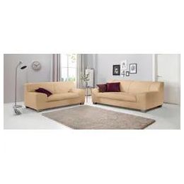 Polstergarnitur DOMO collection "Amando" Sitzmöbel-Sets Gr. H/T: 74cm x 79cm, NaturLEDER, ohne Funktion, beige (sand) bestehend aus 2er- und 3er-Sofa