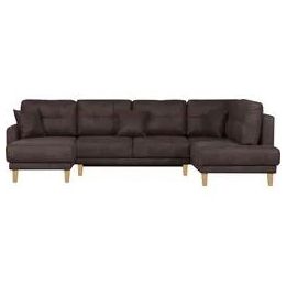 Wohnlandschaft Home Affaire "Triplo wahlweise mit Schlaffunktion, Steppung im Rückenkissen, U-Form" Sofas Gr. B/H/T: 310 cm x 90 cm x 192 cm, Luxus-Microfaser Vintageoptik, Recamiere links, ohne Bettfunktion-ohne Bettkasten, braun mit Steppung, auch Bettfunktion und Bettkasten, incl. 3 Zierkissen