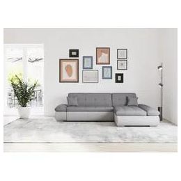 Ecksofa DOMO collection "Moric B/T/H 300/172/80 cm, auch in Cord, L-Form" Sofas Gr. B/H/T: 300cm x 80cm x 172cm, Webstoff fein, Recamiere rechts, mit Bettfunktion-mit Armlehnenverstellung, silberfarben (silber/grau) XXL-Format, wahlweise auch mit Bettfunktion und Armverstellung