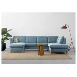 Wohnlandschaft Home Affaire "Trelleborg U-Form" Sofas Gr. B/H/T: 307 cm x 86 cm x 213 cm, Breitcord, Ottomane rechts, mit Bettfunktion-mit Stauraum, blau (blau, grau) wahlweise mit Bettfunktion und Bettkasten, inkl. Federkern-Polsterung