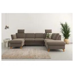 Wohnlandschaft Home Affaire "Trelleborg U-Form" Sofas Gr. B/H/T: 307cm x 86cm x 213cm, Struktur fein, Ottomane rechts, mit Bettfunktion-mit Stauraum, beige (dunkelbeige) Federkern-Polsterung, wahlweise mit Bettfunktion und Stauraum