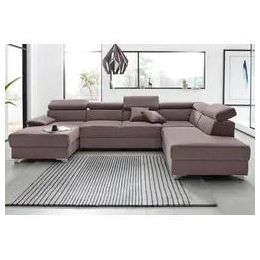 Wohnlandschaft DOMO collection "Mira U-Form" Sofas Gr. B/H/T: 337cm x 78cm x 230cm, Struktur fein, Recamiere links, mit Kopfteilverstellung-mit Bettfunktion, grau (taupe) wahlweise mit Bettfunktion und Bettkasten