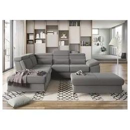 Sit & More Ecksofa SIT&MORE "Cabrio L-Form" Sofas Gr. B/H/T: 274 cm x 87 cm x 230 cm, Struktur fein, langer Schenkel rechts, mit Bettfunktion-mit Bettkasten-mit Sitztiefenverstellung-mit Kopfteilverstellung-mit Armteilfunktion-mit 3 Nierenkissen, grau mit Sitztiefenverstellung und Federkern, 3 Nierenkissen