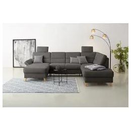 Wohnlandschaft Home Affaire "Westerland U-Form" Sofas Gr. B/H/T: 303cm x 90cm x 213cm, Olympia EASY CLEAN, Ottomane rechts, mit Bettfunktion, Stauraum und Armlehnfunktion, grau Federkern, wahlweise Bettfunktion, Stauraum und Armlehn-Verstellung