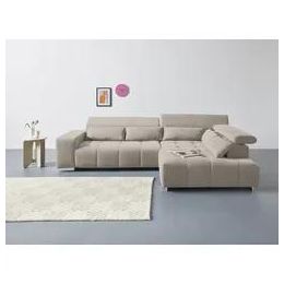 Ecksofa COTTA "Orion L-Form" Sofas Gr. B/H/T: 310cm x 70cm x 225cm, Luxus-Microfaser, Ottomane rechts, beige mit Ottomane, inklusive verstellbarer Kopfstützen und 5 Nierenkissen