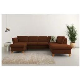 Wohnlandschaft Home Affaire "Trelleborg U-Form" Sofas Gr. B/H/T: 307cm x 86cm x 213cm, Struktur, Ottomane rechts, ohne Bettfunktion-ohne Stauraum, rosegold (kupfer) Federkern-Polsterung, wahlweise mit Bettfunktion und Stauraum