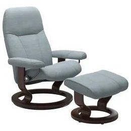 Relaxsessel stressless "Consul" Sessel Gr. Struktur fein JASMINE, Classic Base Braun, PlusTMSystem-Gleitsystem-Relaxfunktion-Drehfunktion-Kopfstützenverstellung-Rückteilverstellung, B/H/T: 85cm x 100cm x 77cm, blau (light blue jasmine) mit Hocker, Classic Base, Größe L, Gestell Braun