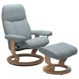 Relaxsessel stressless "Consul" Sessel Gr. Struktur fein JASMINE, Classic Base Eiche, PlusTMSystem-Gleitsystem-Relaxfunktion-Drehfunktion-Kopfstützenverstellung-Rückteilverstellung, B/H/T: 72cm x 94cm x 70cm, blau (light blue jasmine) mit Hocker, Classic Base, Größe S, Gestell Eiche