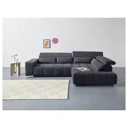 Ecksofa COTTA "Orion L-Form" Sofas Gr. B/H/T: 310cm x 70cm x 225cm, Chenille-Struktur, Ottomane rechts, schwarz mit Ottomane, inklusive verstellbarer Kopfstützen und 5 Nierenkissen