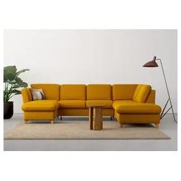 Wohnlandschaft Home Affaire "Trelleborg U-Form" Sofas Gr. B/H/T: 307 cm x 86 cm x 213 cm, Breitcord, Ottomane rechts, mit Bettfunktion-mit Stauraum, gelb (mustard) wahlweise mit Bettfunktion und Bettkasten, inkl. Federkern-Polsterung