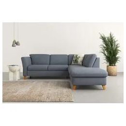 Ecksofa Home Affaire "Trelleborg L-Form" Sofas Gr. B/H/T: 252cm x 86cm x 213cm, Chenille-Optik, Ottomane rechts, mit Bettfunktion-mit Stauraum, blau (blaugrau) Federkern-Polsterung, wahlweise mit Bettfunktion und Stauraum