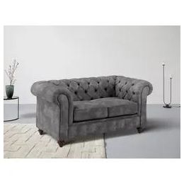 Chesterfield-Sofa Home Affaire "Chesterfield 2-Sitzer B/T/H: 150/89/74 cm" Sofas Gr. B/H/T: 150cm x 74cm x 89cm, Luxus-Microfaser Lederoptik, grau (anthrazit) mit hochwertiger Knopfheftung, auch in Leder