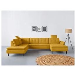 Wohnlandschaft Inosign "Birkholm U-Form" Sofas Gr. B/H/T: 347cm x 83cm x 226cm, Olympia EASY CLEAN, Ottomane links, mit Armlehnfunktion, gelb (mustard) Armlehnverstellung, auch in Easy Clean Bezug - mit Wasser zu reinigen