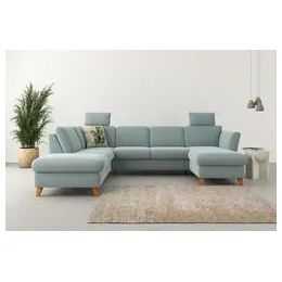 Wohnlandschaft Home Affaire "Trelleborg U-Form" Sofas Gr. B/H/T: 307cm x 86cm x 213cm, Struktur fein, Ottomane links, ohne Bettfunktion-ohne Stauraum, blau (aqua) Federkern-Polsterung, wahlweise mit Bettfunktion und Stauraum