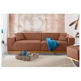 3-Sitzer Home Affaire "Terry" Sofas Gr. B/H/T: 278cm x 75cm x 89cm, Luxus-Microfaser, Inklusive 2 Zierkissen, braun (cognac) mit offener Kedernaht und Holzuntergestell