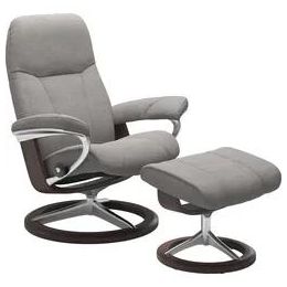 Relaxsessel stressless "Consul" Sessel Gr. Struktur fein JASMINE, Signature Base Wenge, BalanceAdaptTM-PlusTMSystem-Gleitsystem-Relaxfunktion-Drehfunktion-Kopfstützenverstellung-Rückteilverstellung, B/H/T: 91cm x 102cm x 79cm, grau (grey jasmine) mit Hocker, Signature Base, Größe L, Gestell Wenge