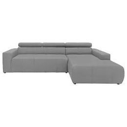 Ecksofa DOMO collection "Brandon große Ausführung B/T/H: 289/177/80 cm, auch in Leder und Cord" Sofas Gr. B/H/T: 285cm x 80cm x 175cm, Leder, Recamiere rechts, ohne Sitztiefenverstellung, ohne Nierenkissen, grau (hellgrau) mit Kopfteilverstellung, wahlweise Sitztiefenverstellung, L-Form