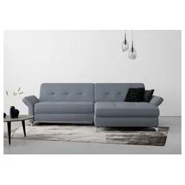 Ecksofa Inosign "Maredo L-Form" Sofas Gr. B/H/T: 284cm x 89cm x 179cm, Chenille-Optik, mega-Recamiere rechts, mit Kopfteilverstellung, mit Armteilfunktion, mit Vorziehsitz motorisch und mit Bettkasten, blau (graublau) Federkern, wahlweise auch mit Kopfteil- und Armlehnverstellung