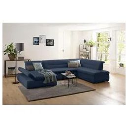 Wohnlandschaft Inosign "Avesa U-Form" Sofas Gr. B/H/T: 355 cm x 80 cm x 216 cm, Struktur fein, Longchair links, ohne Armteilverstellung-ohne Schlaffunktion, blau (dunkelblau) Wahlweise mit Armteilverstellung und Bettfunktion, BTH: 35521680cm