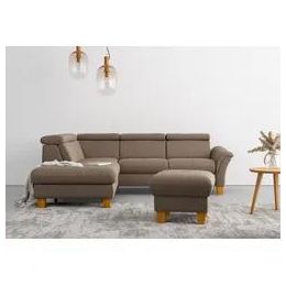 Ecksofa Home Affaire "Lindgren L-Form" Sofas Gr. B/H/T: 249 cm x 84 cm x 217 cm, Luxus-Microfaser Florence, Ottomane links, mit TV-Funktion motorisch-mit Stauraum-mit Kopfteilverstellung-ohne Bettfunktion mit einklappbaren Rollen-ohne Federkern, braun (nuss) wahlweise mit TV-Funktion, Stauraum und Kopfteilverstellung