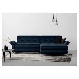 Ecksofa Inosign "Maredo L-Form" Sofas Gr. B/H/T: 284 cm x 89 cm x 179 cm, Samtoptik, mega-Recamiere rechts, mit Kopfteilverstellung, mit Armteilfunktion, mit Vorziehsitz motorisch und mit Bettkasten, blau (navy) Federkern, wahlweise auch mit Kopfteil- und Armlehnverstellung