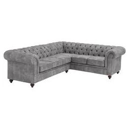 Chesterfield-Sofa Home Affaire "Chesterfield Ecksofa, auch in Leder L-Form" Sofas Gr. B/H/T: 250cm x 74cm x 210cm, Luxus-Microfaser Lederoptik, langer Schenkel links, grau (hellgrau) hochwertige Knopfheftung, langer Schenkel links oder rechts wählbar