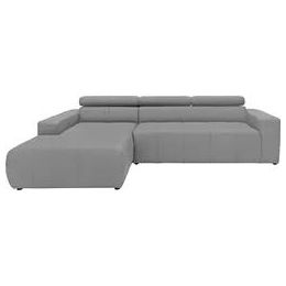 Ecksofa DOMO collection "Brandon große Ausführung B/T/H: 289/177/80 cm, auch in Leder und Cord" Sofas Gr. B/H/T: 285cm x 80cm x 175cm, Leder, Recamiere links, ohne Sitztiefenverstellung, ohne Nierenkissen, grau (hellgrau) mit Kopfteilverstellung, wahlweise Sitztiefenverstellung, L-Form