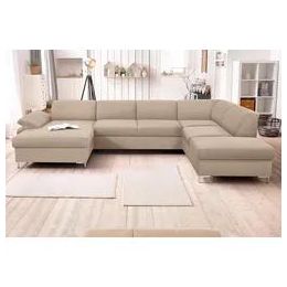 Wohnlandschaft DOMO collection "Santana U-Form" Sofas Gr. B/H/T: 352cm x 79cm x 90cm, Microfaser PRIMABELLE, Recamiere links, mit Bettfunktion-ohne Federkern, beige wahlweise mit Bettfunktion