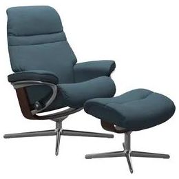 Relaxsessel stressless "Sunrise" Sessel Gr. ROHLEDER Stoff Q2 FARON, Cross Base Braun, Relaxfunktion-Drehfunktion-PlusTMSystem-Gleitsystem-BalanceAdaptTM, B/H/T: 79cm x 103cm x 73cm, blau (petrol q2 faron) mit Hocker, Cross Base, Größe S, M & L, Holzakzent Braun