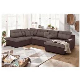 Wohnlandschaft Home Affaire "Föhr U-Form" Sofas Gr. B/H/T: 310cm x 75cm x 200cm, Microfaser PRIMABELLE-Webstoff, Recamiere rechts, mit Bettfunktion, braun (mittelbraun) wahlweise mit Bettfunktion