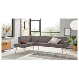 Eckbank exxpo - SOFA FASHION "Lungo, moderne Kedernaht, bequem und elegant, hoher Holzfuß" Sitzbänke Gr. B/H/T: 158cm x 84cm x 239cm, Veloursstoff, langer Schenkel rechts, grau (taupe) hochwertige Detailverarbeitung, frei im Raum stellbar