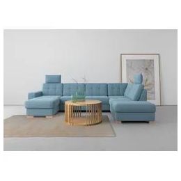 Sit & More Wohnlandschaft SIT & MORE "Quincy U-Form" Sofas Gr. B/H/T: 312cm x 82cm x 213cm, Luxus-Microfaser, Ottomane rechts, ohne Bettfunktion, blau (hellblau) wahlweise mit Bettfunktion und Bettkasten