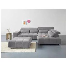 Ecksofa COTTA "Orion L-Form" Sofas Gr. B/H/T: 310cm x 70cm x 225cm, Chenille-Struktur, Ottomane rechts, grau (stone) mit Ottomane, inklusive verstellbarer Kopfstützen und 5 Nierenkissen