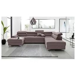 Wohnlandschaft DOMO collection "Mira U-Form" Sofas Gr. B/H/T: 337cm x 78cm x 230cm, Struktur fein, Recamiere links, mit Kopfteilverstellung, grau (taupe) wahlweise mit Bettfunktion und Bettkasten