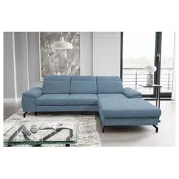 Ecksofa WERK2 "Panama L-Form" Sofas Gr. B/H/T: 275cm x 98cm x 184cm, Struktur weich, Recamiere rechts, Schlaffunktion, Bettkasten, verstellbare Kopfteile, blau (hellblau) Modernes Sofa mit Schlaffunktion, Bettkasten, Kopfteile verstellbar