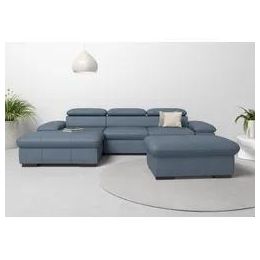 Ecksofa Home Affaire "Alberto L-Form" Sofas Gr. B/H/T: 286cm x 73cm x 174cm, NaturLEDER-NaturLEDER, Recamiere links, mit Bettfunktion-Bett mit Leder bezogen, blau (graublau) wahlweise mit Bettfunktion, inkl. Kopfteilverstellung, Recamiere