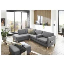 Ecksofa ATLANTIC HOME COLLECTION "Mailo L-Form" Sofas Gr. B/H: 255cm x 82cm, Feinstruktur, Ottomane links, grau mit Seitentaschen und Ottomane, Massivholzfüßen