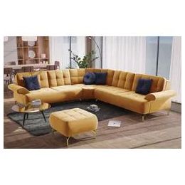 Sit & More Ecksofa SIT & MORE "Orient 1 V L-Form" Sofas Gr. B/H/T: 299cm x 88cm x 279cm, Samtoptik, langer Schenkel links, goldfarben (gold) inkl. 4 Zierkissen mit Strass-Stein, goldfarbene Metallfüße