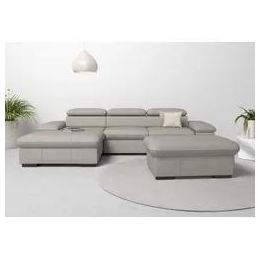 Ecksofa Home Affaire "Alberto L-Form" Sofas Gr. B/H/T: 286cm x 73cm x 174cm, NaturLEDER-NaturLEDER, Recamiere links, mit Bettfunktion-Bett mit Leder bezogen, grau (hellgrau) wahlweise mit Bettfunktion, inkl. Kopfteilverstellung, Recamiere