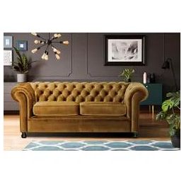 Chesterfield-Sofa Home Affaire "Chesterfield Home 3-Sitzer B/T/H: 192/87/75 cn" Sofas Gr. B/H/T: 192cm x 75cm x 90cm, Samtvelours, Frei im Raum stellbar, gelb (senf) Sofas mit edler Knopfheftung und typischen Armlehnen