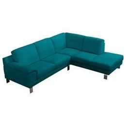 Ecksofa Egoitaliano "Shakira, Design und Sitzkomfort auf hohem Niveau, tolle Details" Sofas Gr. B/H/T: 240cm x 84cm x 212cm, Luxus-Microfaser BLUSH, Ottomane rechts, blau (teal) mit Ottomane, L-Form, elegante Metallfüße