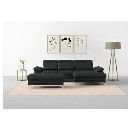 Sit & More Ecksofa SIT & MORE "Cabrio L-Form" Sofas Gr. B/H/T: 295cm x 87cm x 180cm, NaturLEDER, Recamiere rechts, mit Sitztiefenverstellung-mit Kopfteilverstellung-mit Armteilfunktion-mit 2 Nierenkissen-Rücken Spannstoff, schwarz mit Sitztiefen- und Armteilverstellung sowie Federkern, 2 Nierenkissen