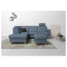 Ecksofa Home Affaire Sofas Gr. B/H/T: 236cm x 89cm x 212cm, NaturLEDER, Ottomane links, mit Bettfunktion-mit Bettkasten-Bett mit Leder bezogen, blau (grey/blau) Federkern, wahlweise mit Bettfunktion und mitohne Stauraum