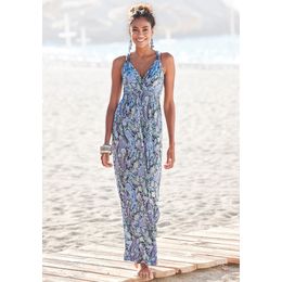 Maxikleid Lascana Gr. 42, N-Gr, blau (blau, bedruckt) Damen Kleider Strandkleider mit Paisleydruck und verstellbarem Ausschnitt, Sommerkleid