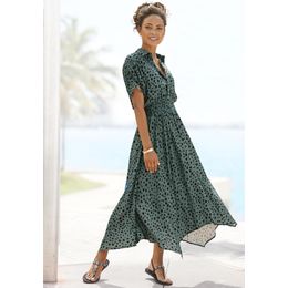 Druckkleid Lascana Gr. 40, N-Gr, grün (grün, schwarz bedruckt) Damen Kleider Strandkleider mit Punktedruck und asymmetrischem Saum, Hemdblusenkleid, Midikleid Bestseller